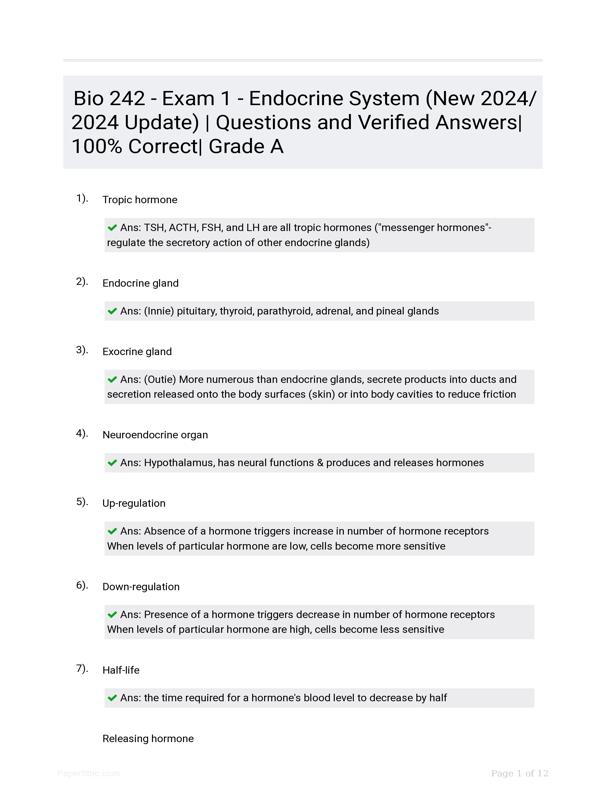 Bio 242 - Exam 1 - Endocrine System (New 2024/ 2024 Update) | Questions And Verified Answers ...