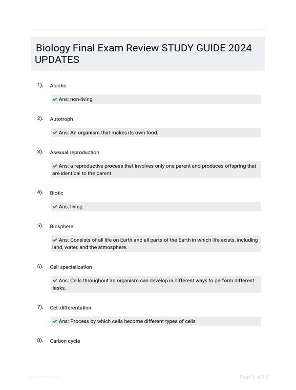 Biology Final Exam Review STUDY GUIDE 2024 UPDATES