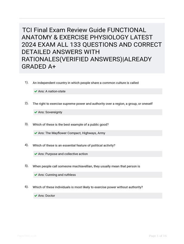 TCI Final Exam Review Guide FUNCTIONAL ANATOMY & EXERCISE PHYSIOLOGY ...