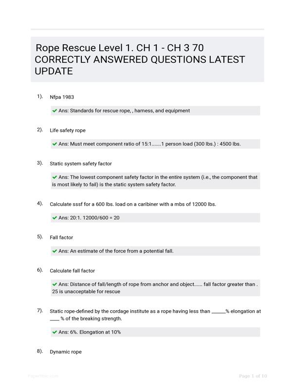 Rope Rescue Level 1. CH 1 - CH 3 70 CORRECTLY ANSWERED QUESTIONS LATEST ...