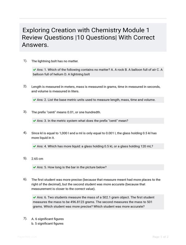 Exploring Creation With Chemistry Module 1 Review Questions |10 Questions| With Correct Answers.