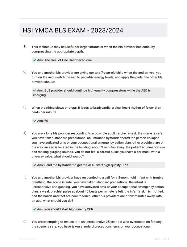 HSI YMCA BLS EXAM - 2023/2024