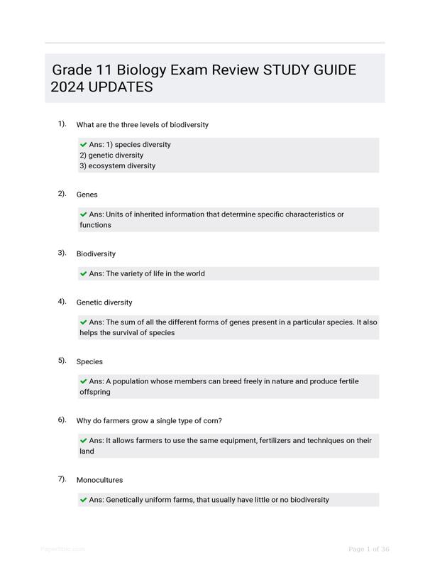 Grade 11 Biology Exam Review STUDY GUIDE 2024 UPDATES