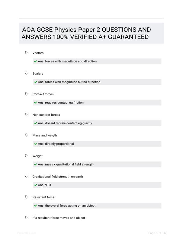 AQA GCSE Physics Paper 2 QUESTIONS AND ANSWERS 100% VERIFIED A+ GUARANTEED