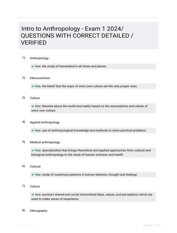 Intro To Anthropology - Exam 1 2024/ QUESTIONS WITH CORRECT DETAILED ...