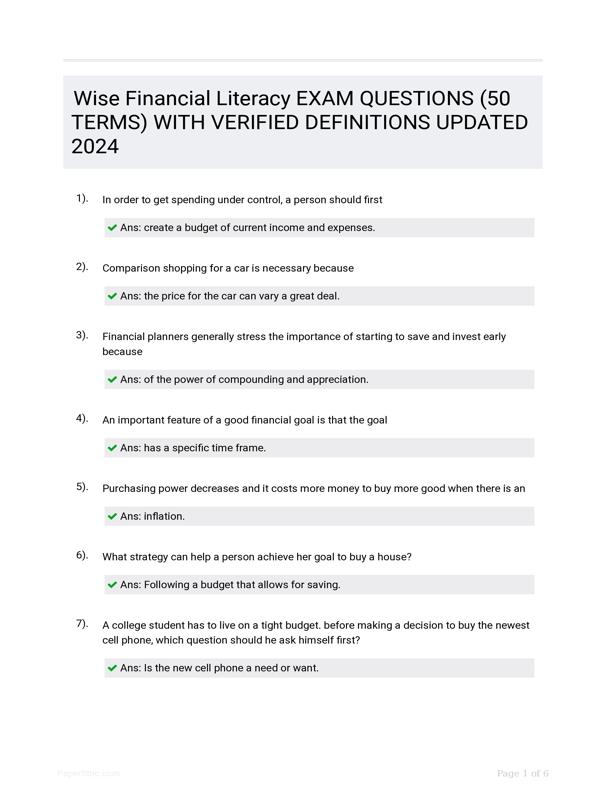 Wise Financial Literacy EXAM QUESTIONS (50 TERMS) WITH VERIFIED ...