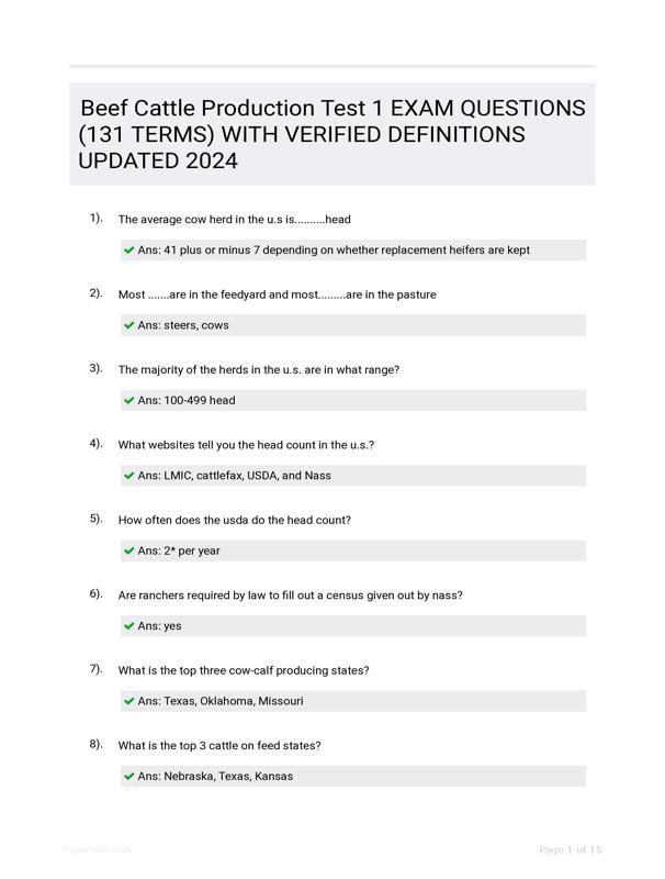 Beef Cattle Production Test 1 EXAM QUESTIONS (131 TERMS) WITH VERIFIED ...