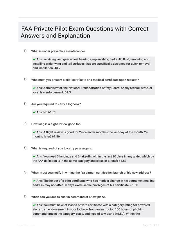 FAA Private Pilot Exam Questions With Correct Answers And Explanation