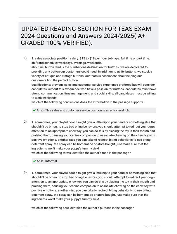 UPDATED READING SECTION FOR TEAS EXAM 2024 Questions And Answers 2024/2025( A+ GRADED 100% ...