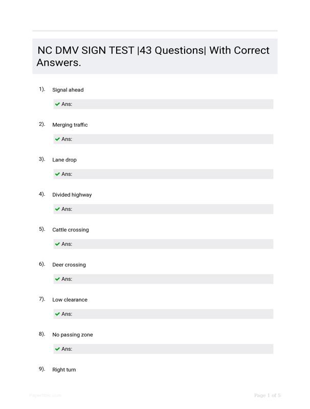 NC DMV SIGN TEST |43 Questions| With Correct Answers.