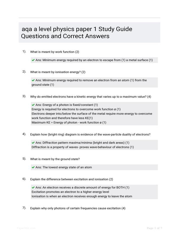 Aqa A Level Physics Paper 1 Study Guide Questions And Correct Answers