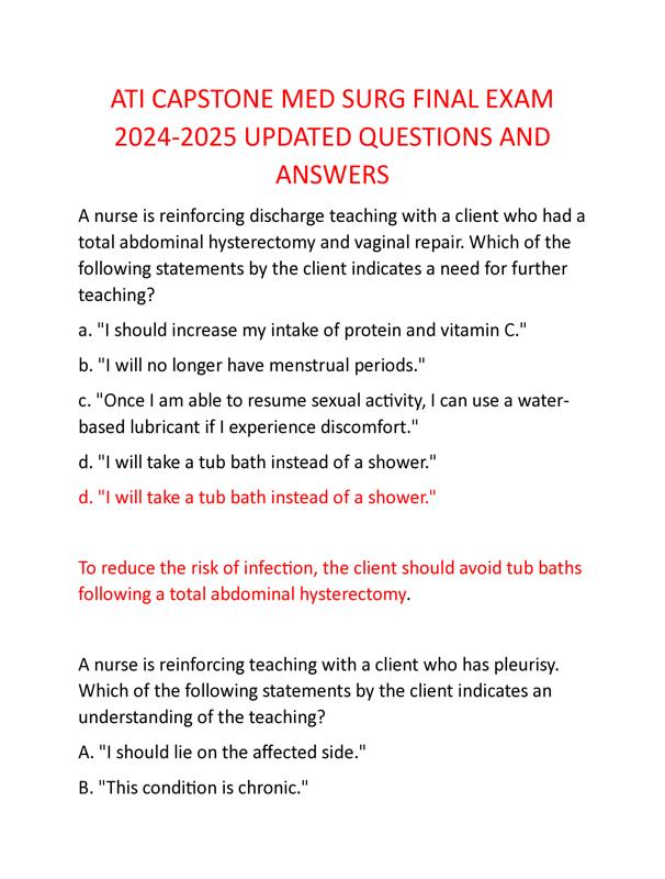 ATI CAPSTONE MED SURG FINAL EXAM 2024-2025 UPDATED QUESTIONS AND ANSWERS