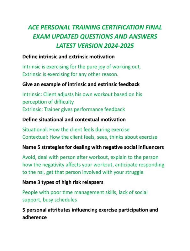 ACE PERSONAL TRAINING CERTIFICATION FINAL EXAM UPDATED QUESTIONS AND ...