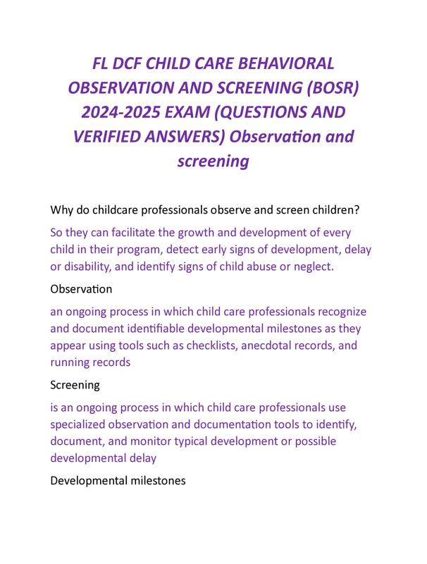 FL DCF CHILD CARE BEHAVIORAL OBSERVATION AND SCREENING (BOSR) 2024-2025 EXAM (QUESTIONS AND ...