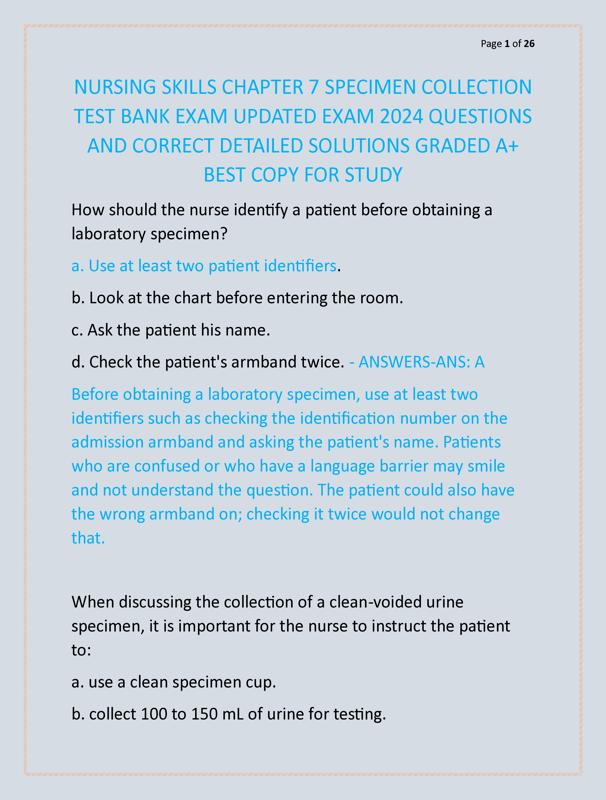 NURSING SKILLS CHAPTER 7 SPECIMEN COLLECTION TEST BANK EXAM UPDATED ...