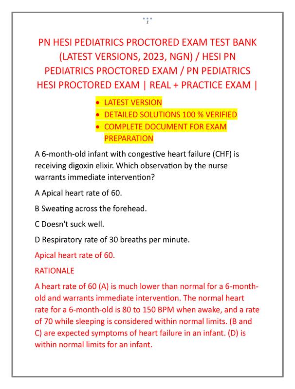 PN HESI PEDIATRICS PROCTORED EXAM TEST BANK (LATEST VERSIONS, 2023, NGN ...