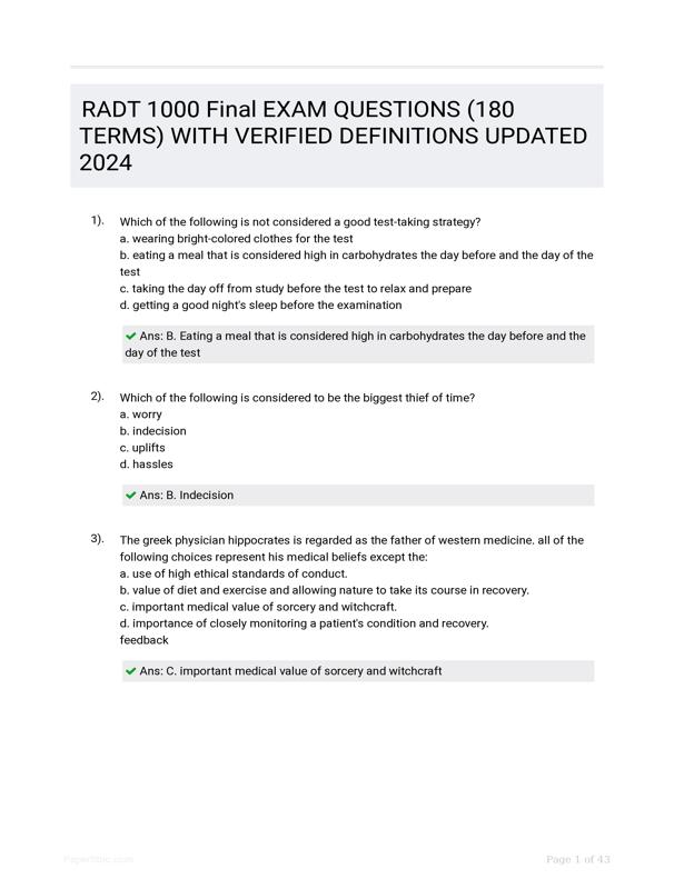 RADT 1000 Final EXAM QUESTIONS (180 TERMS) WITH VERIFIED DEFINITIONS ...