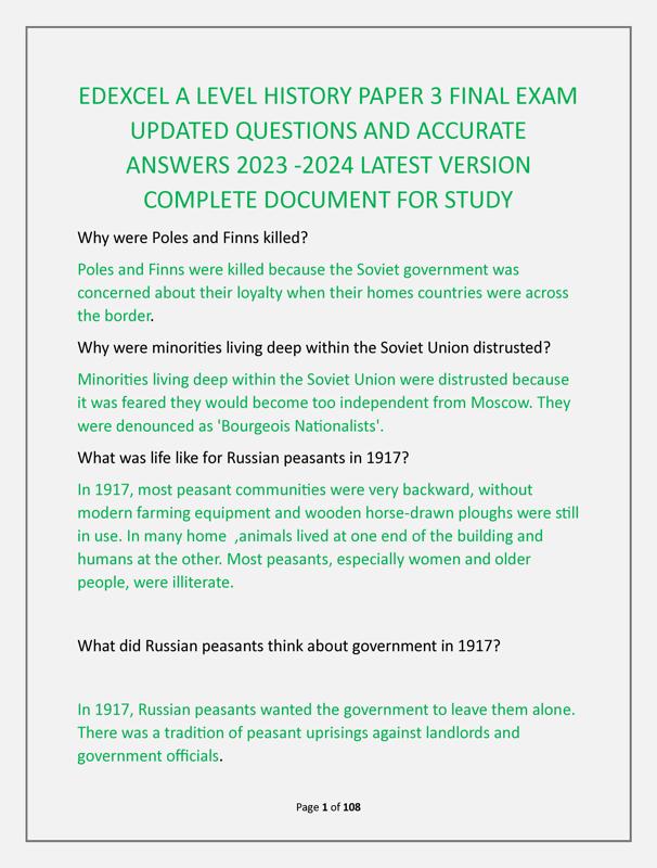 EDEXCEL A LEVEL HISTORY PAPER 3 FINAL EXAM UPDATED QUESTIONS AND ...