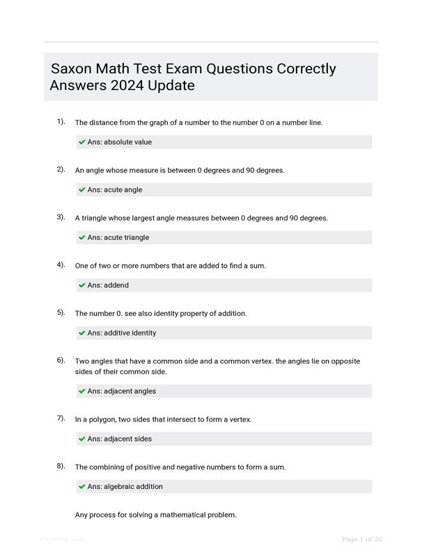 Saxon Math Test Exam Questions Correctly Answers 2024 Update
