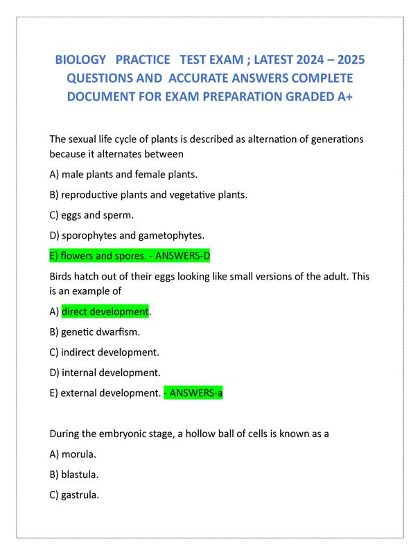 BIOLOGY PRACTICE TEST EXAM ; LATEST 2024 – 2025 QUESTIONS AND ACCURATE ...