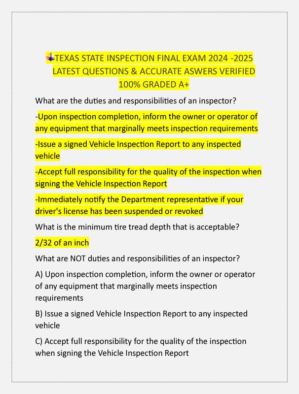 TEXAS STATE INSPECTION FINAL EXAM 2024 -2025 LATEST QUESTIONS ...
