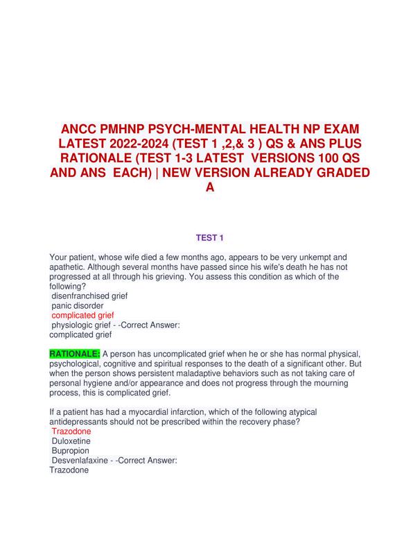ANCC PMHNP PSYCH-MENTAL HEALTH NP EXAM LATEST 2022-2024 (TEST 1 ,2,& 3 ...