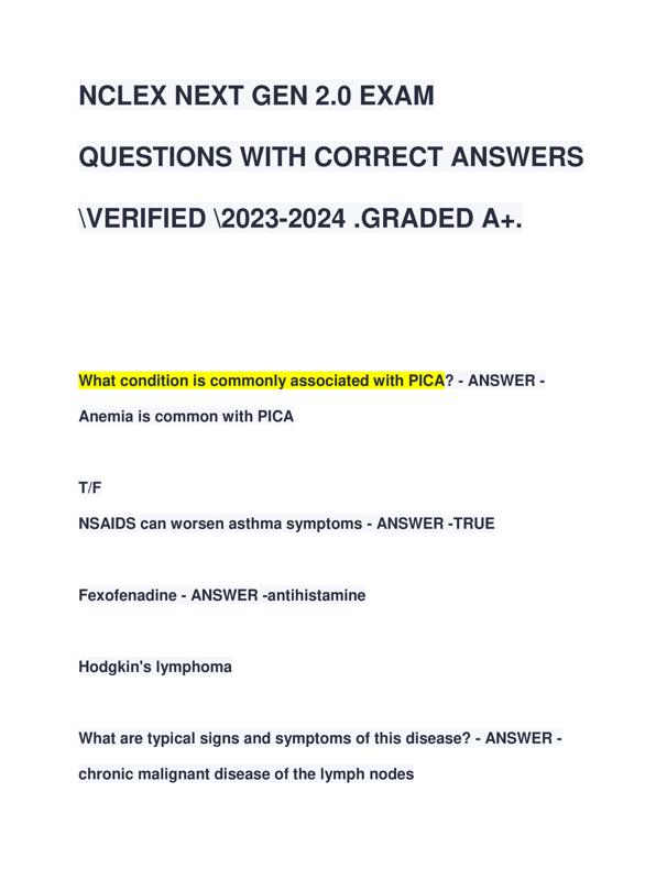 NCLEX NEXT GEN 2.0 EXAM QUESTIONS WITH CORRECT ANSWERS VERIFIED 2023 ...