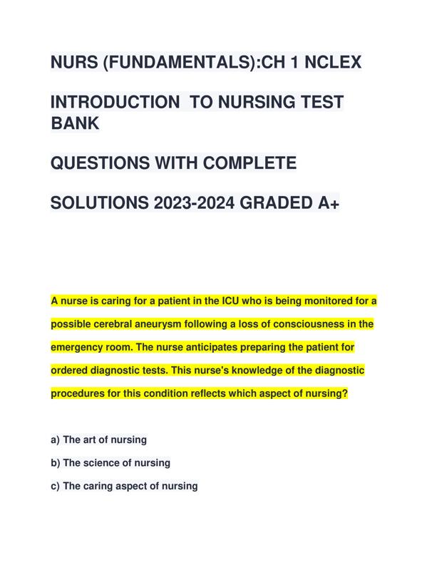NURS (FUNDAMENTALS):CH 1 NCLEX INTRODUCTION TO NURSING TEST BANK ...