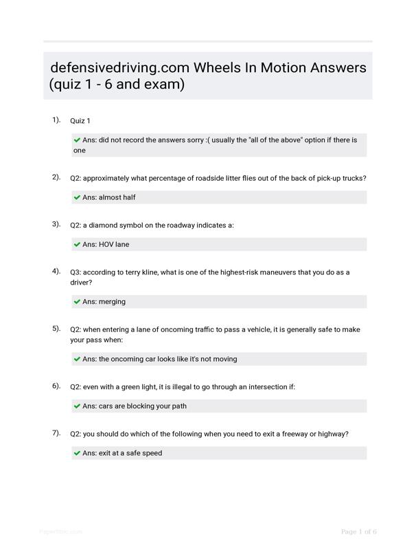 Defensivedriving.com Wheels In Motion Answers (quiz 1 - 6 And Exam)