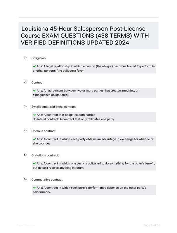 Louisiana 45-Hour Salesperson Post-License Course EXAM QUESTIONS (438 ...