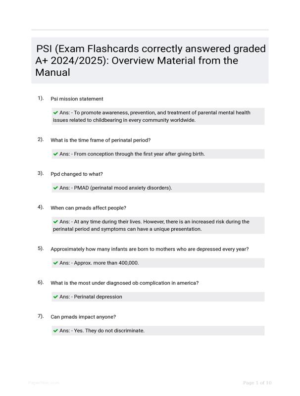 PSI (Exam Flashcards Correctly Answered Graded A+ 2024/2025): Overview Material From The Manual