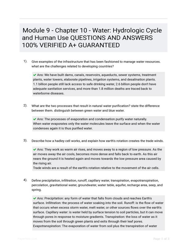 Module 9 - Chapter 10 - Water: Hydrologic Cycle And Human Use QUESTIONS ...