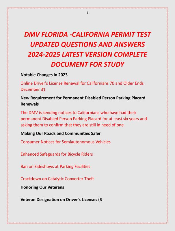 DMV FLORIDA -CALIFORNIA PERMIT TEST UPDATED QUESTIONS AND ANSWERS 2024 ...