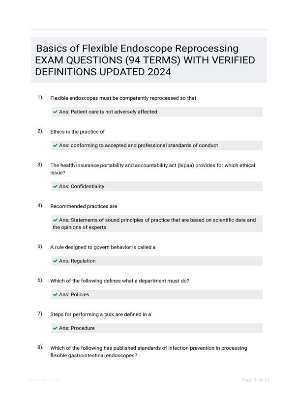 Basics Of Flexible Endoscope Reprocessing EXAM QUESTIONS (94 TERMS ...