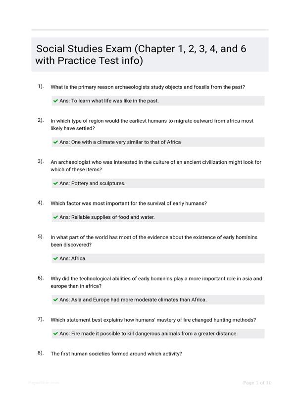 Social Studies Exam (Chapter 1, 2, 3, 4, And 6 With Practice Test Info)