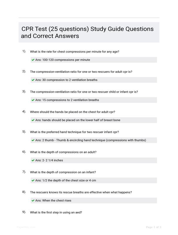 CPR Test (25 Questions) Study Guide Questions And Correct Answers