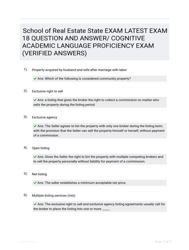 School Of Real Estate State EXAM LATEST EXAM 18 QUESTION AND ANSWER ...