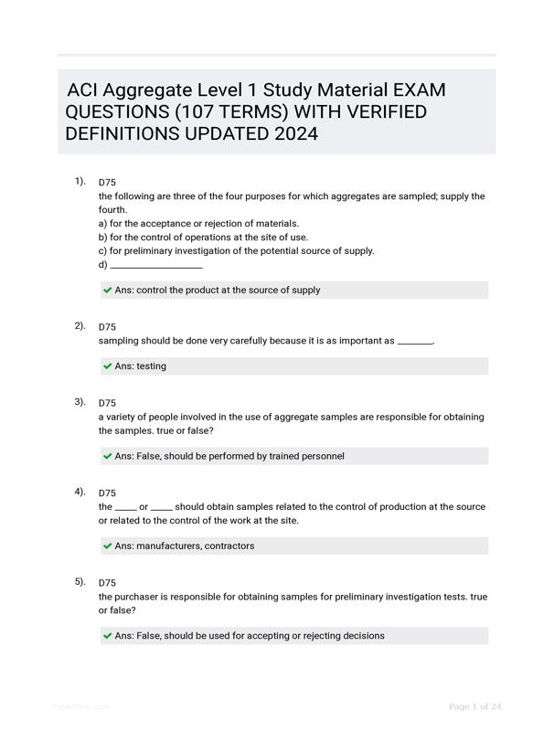ACI Aggregate Level 1 Study Material Study Guide Questions And Correct ...