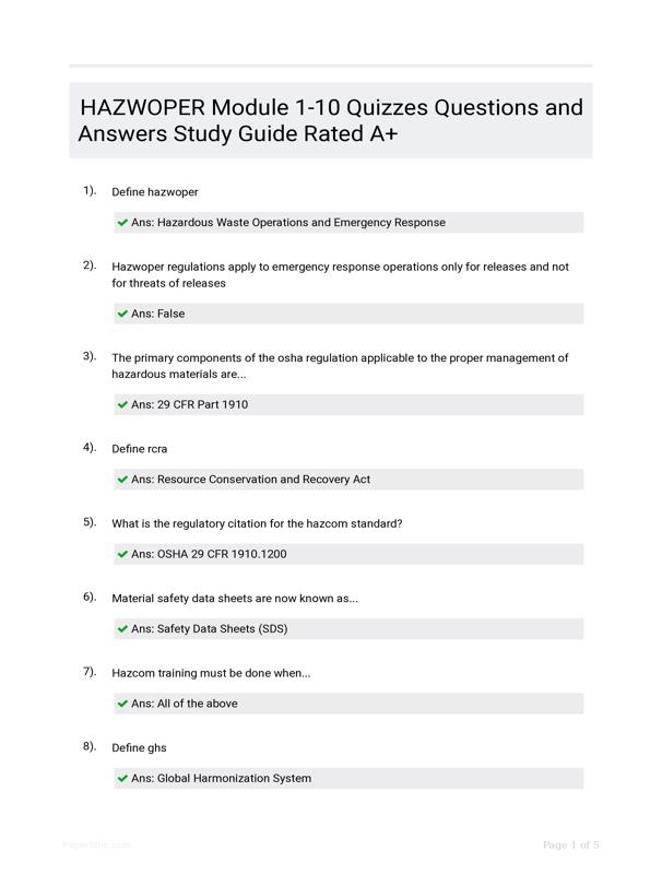 HAZWOPER Module 1-10 Quizzes Questions And Answers Study Guide Rated A+