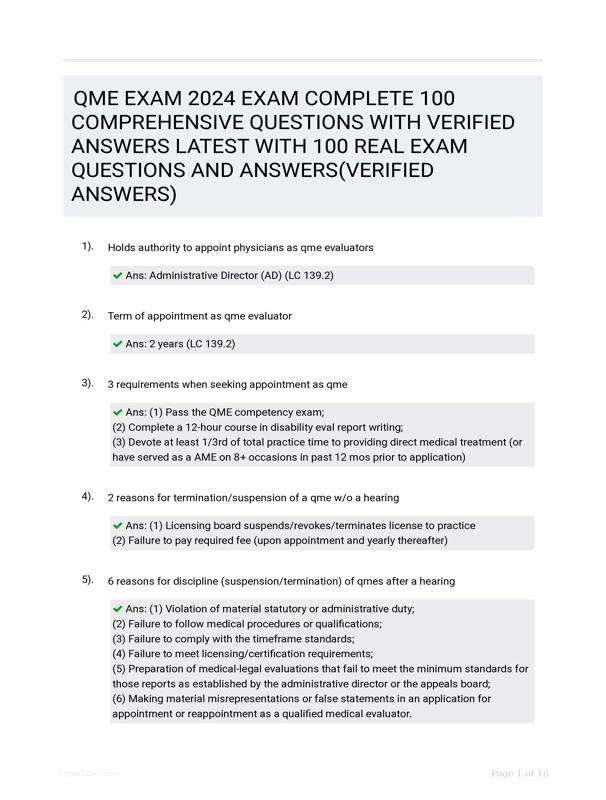 QME EXAM 2024 EXAM COMPLETE 100 COMPREHENSIVE QUESTIONS WITH VERIFIED ...