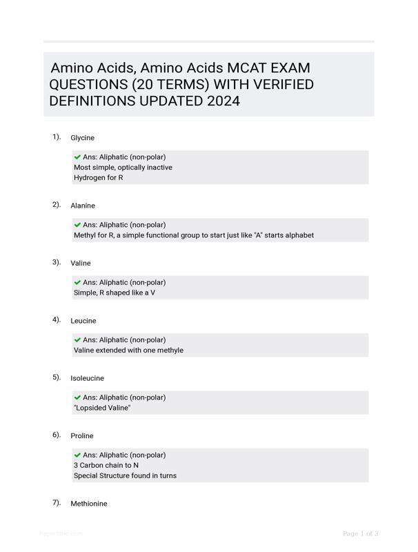 Amino Acids, Amino Acids MCAT EXAM QUESTIONS (20 TERMS) WITH VERIFIED ...