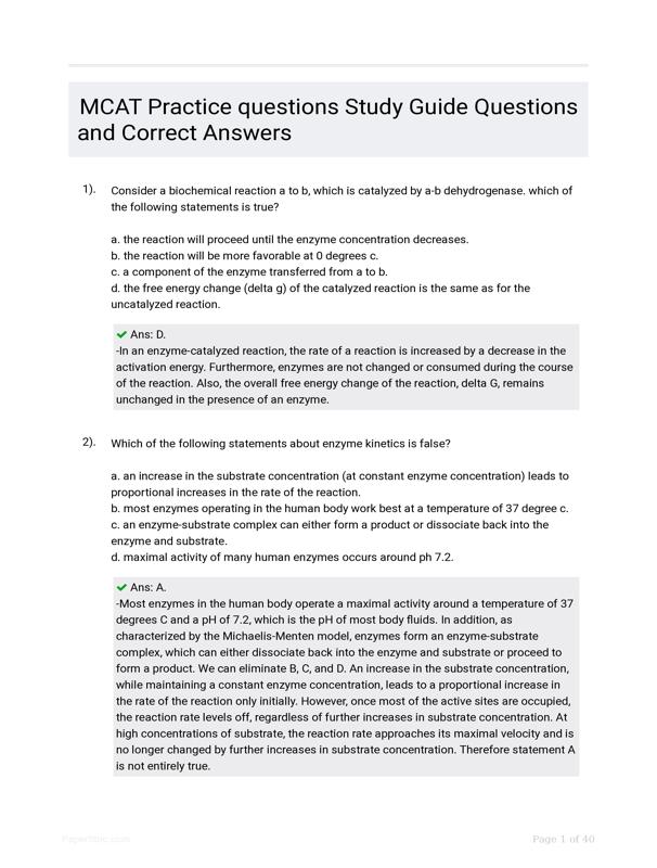 MCAT Practice Questions Study Guide Questions And Correct Answers