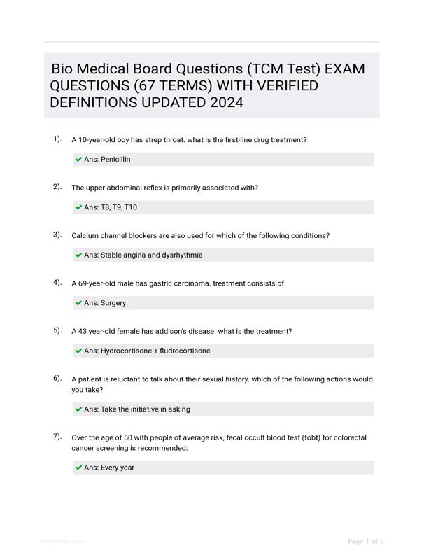 Bio Medical Board Questions (TCM Test) EXAM QUESTIONS (67 TERMS) WITH ...