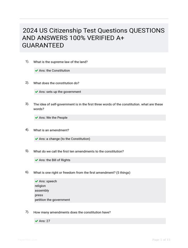 2024 US Citizenship Test Questions QUESTIONS AND ANSWERS 100% VERIFIED ...