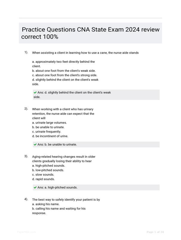 Practice Questions CNA State Exam 2024 Review Correct 100%