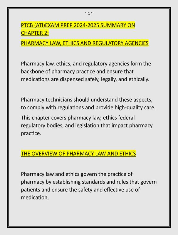 PTCB (ATI)EXAM PREP 2024-2025 SUMMARY ON CHAPTER 2: PHARMACY LAW ...