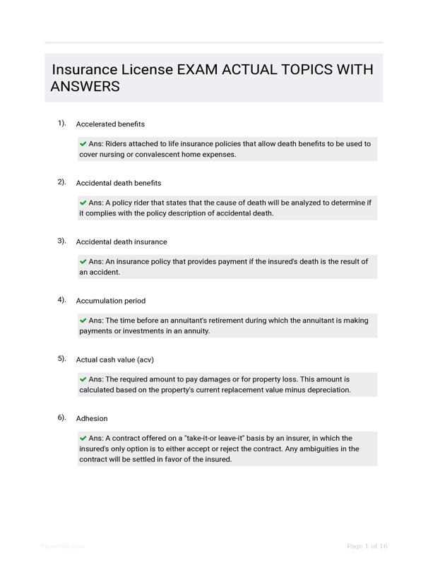 Insurance License EXAM ACTUAL TOPICS WITH ANSWERS