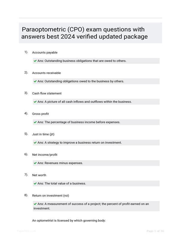 Paraoptometric (CPO) Exam Questions With Answers Best 2024 Verified Updated Package
