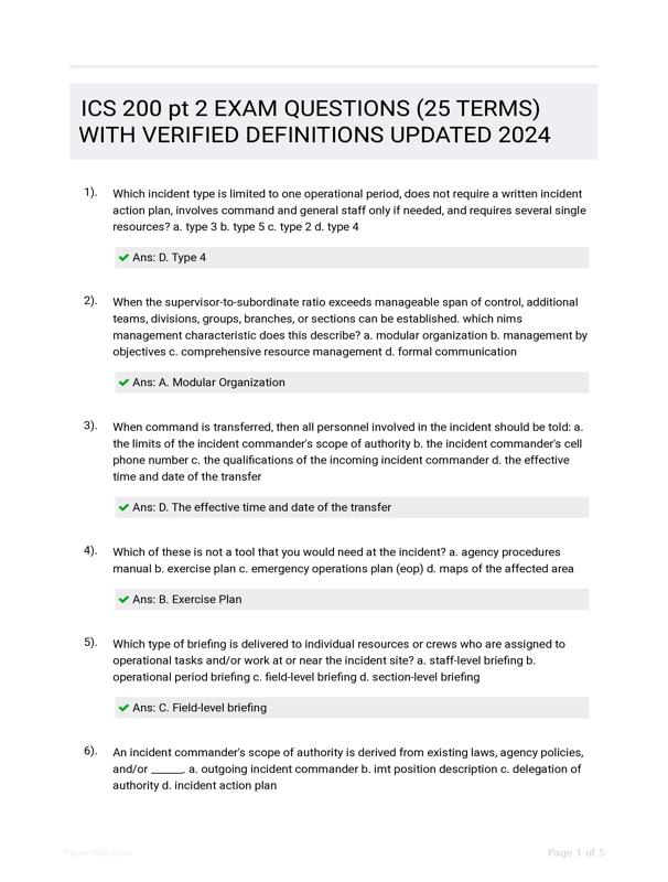 ICS 200 Pt 2 EXAM QUESTIONS (25 TERMS) WITH VERIFIED DEFINITIONS ...