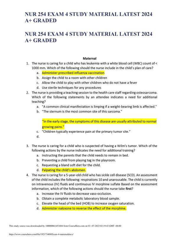 NUR 254 EXAM 4 STUDY MATERIAL LATEST 2024 A+ GRADED